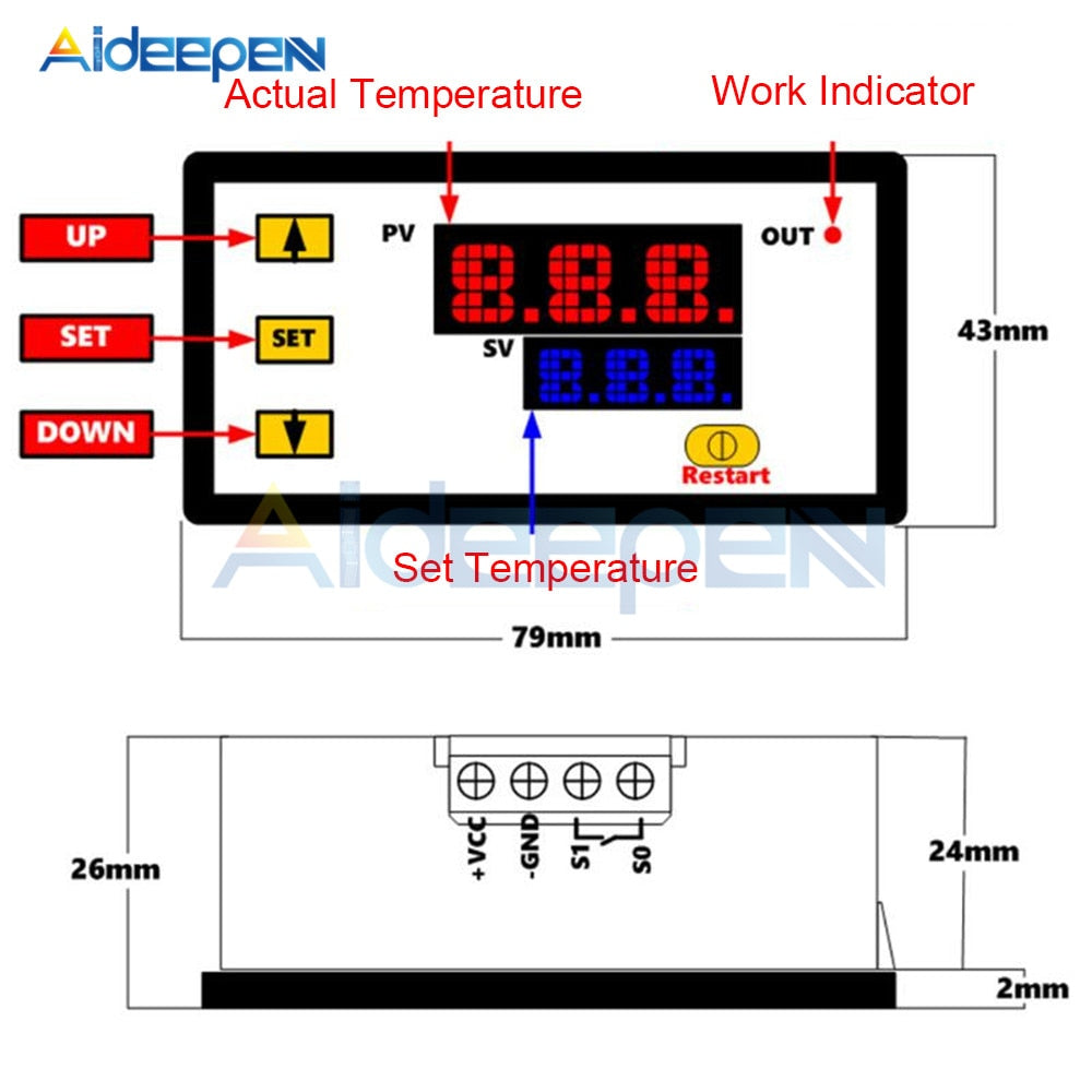 DC 5V 12V 24V 110V 220V W3230 AC Digital Temperature Controller 60~500 ...