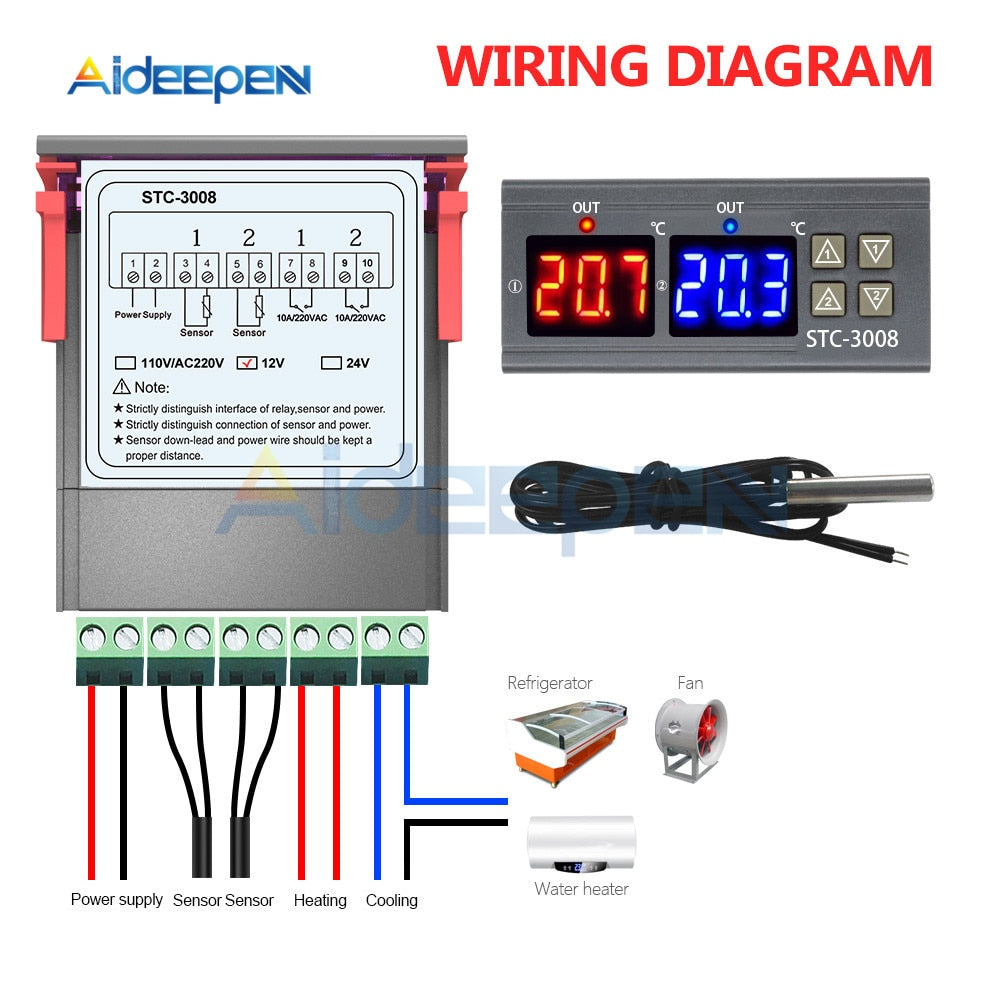 STC 3008 Dual Digital Temperature Controller Two Relay Output Thermost ...