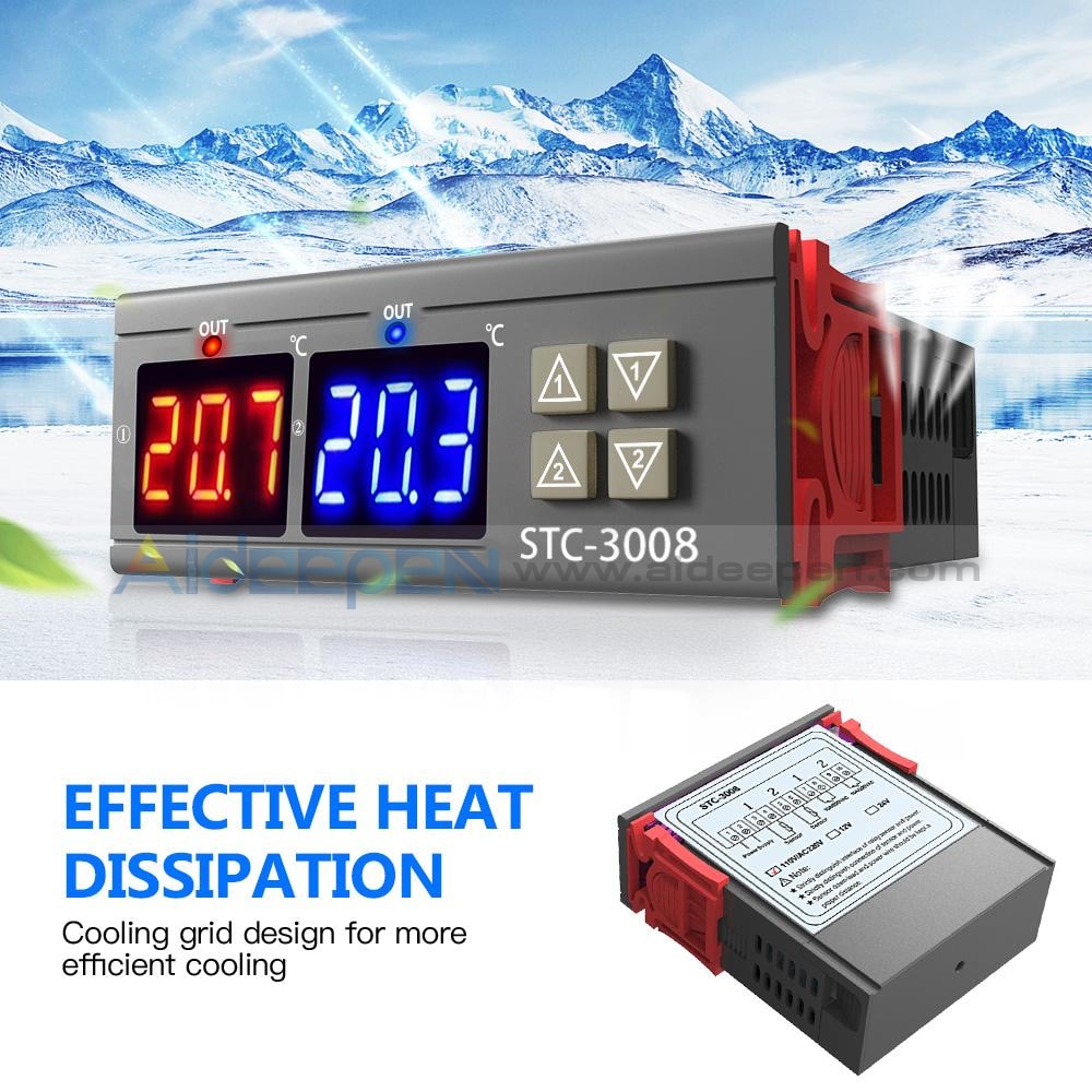 STC-3008 Digital Temperature Thermostat Controller Dual LED NTC Probe ...